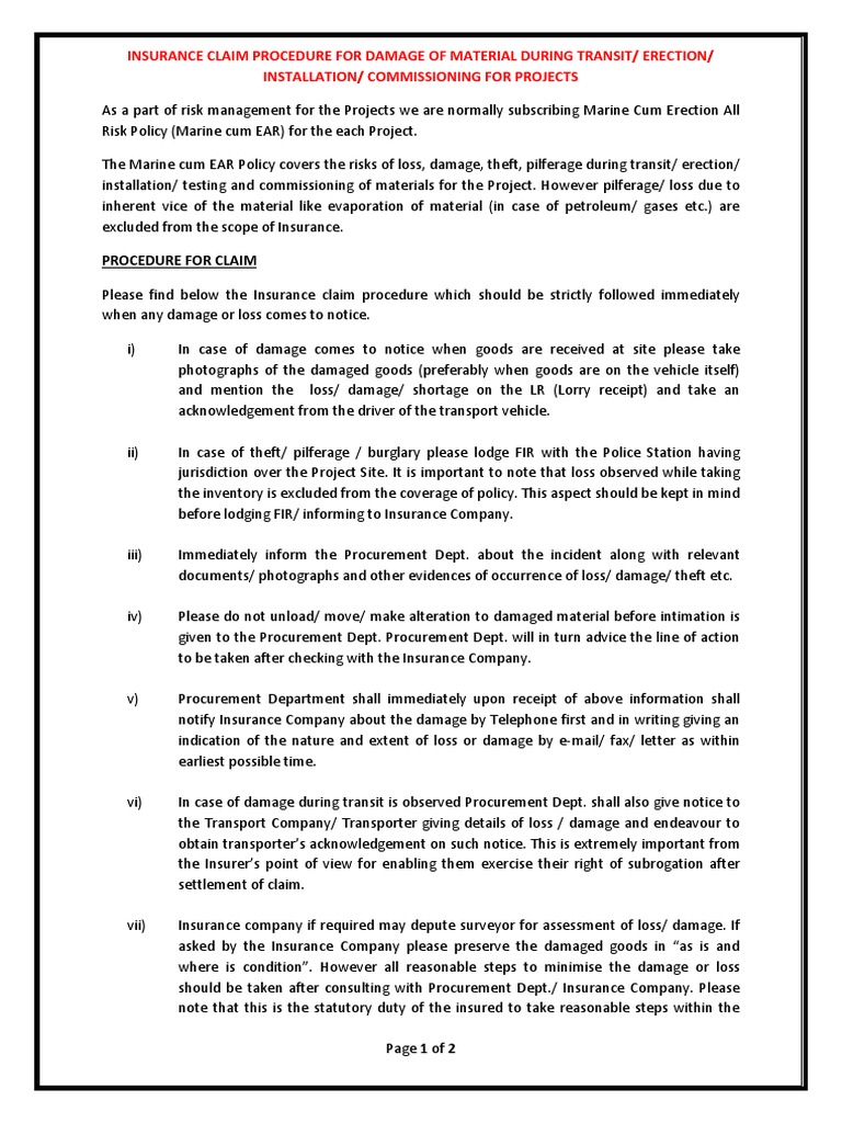 Insurance Claim Procedure For Damage or Loss of Material | PDF ...