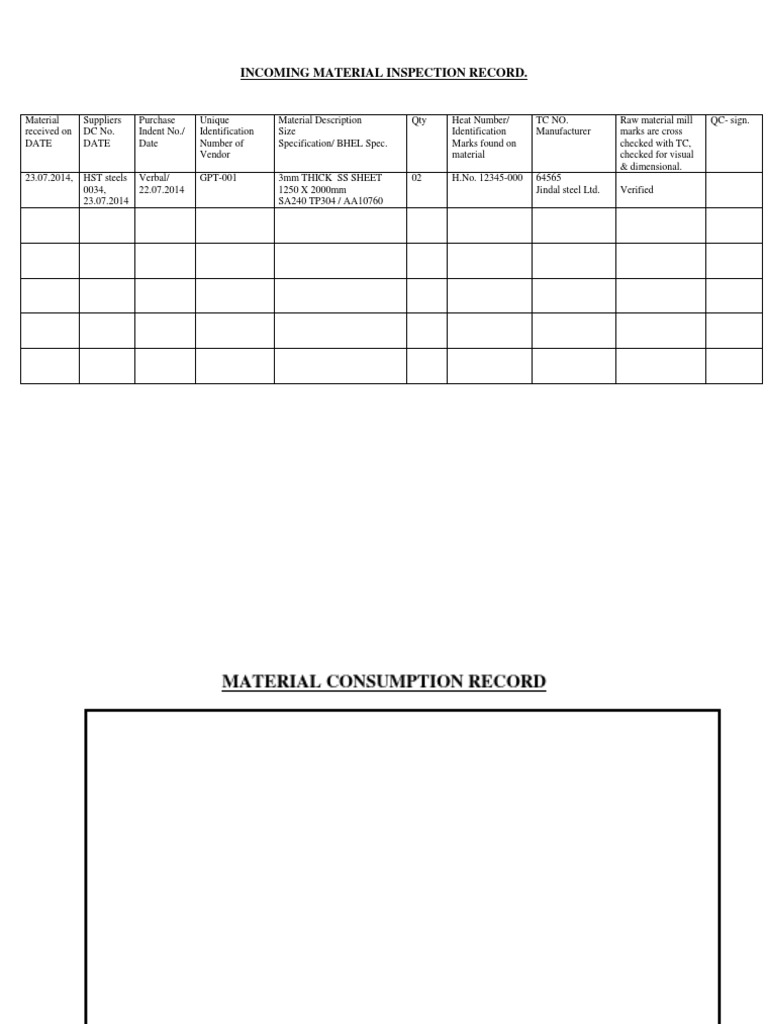 Incoming Material Register | PDF
