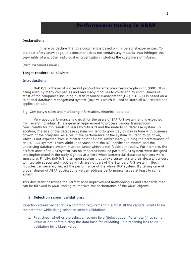 ABAP Perofrmance Tuning | PDF | Databases | Database Index