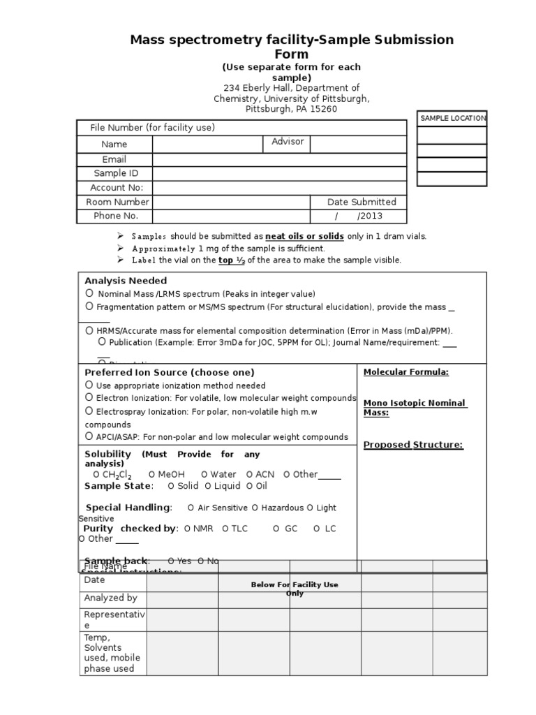 Mass Spectrometry Facility-Sample Submission Form | PDF | Science & Mathematics