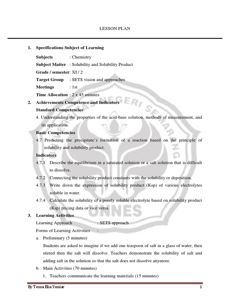 Lesson Plan Solubility and Solubility Product | PDF | Solubility ...