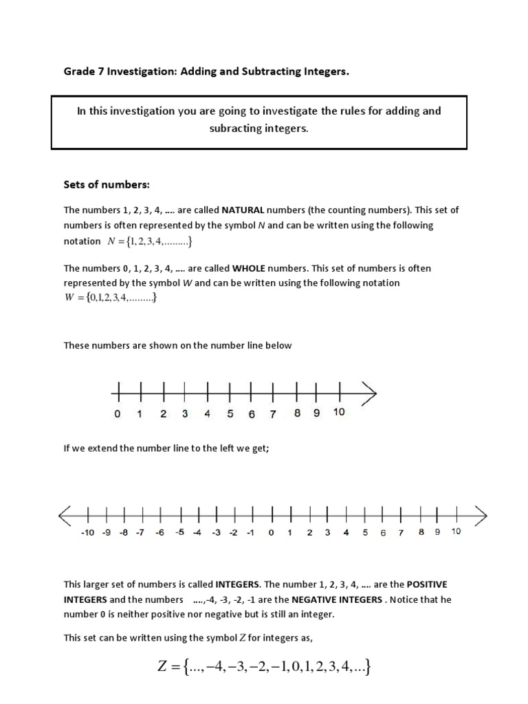 Addition and Subtraction of Integers Investigation | PDF | Numbers ...