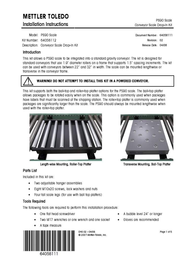 Conveyor Scale Kit Installation | PDF | Screw | Equipment