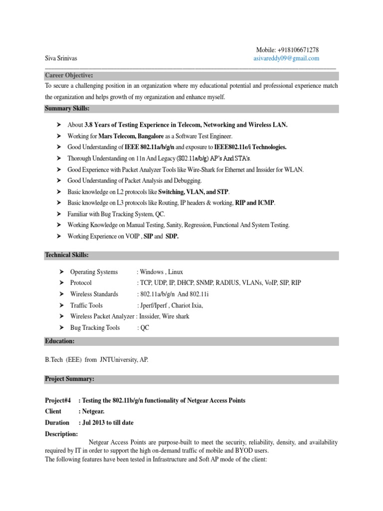Siva Wlan Testing Resume | PDF | Session Initiation Protocol | Wireless Lan