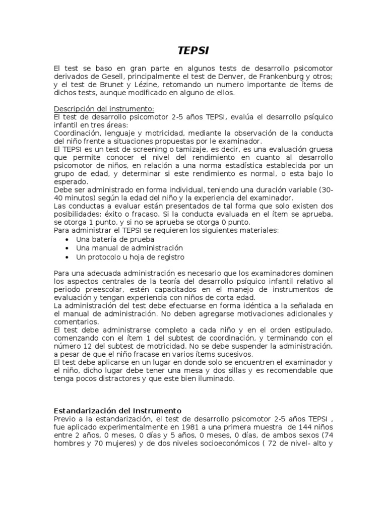 Test TEPSI: Evaluación Psicomotora Infantil | PDF | Psique (psicología ...