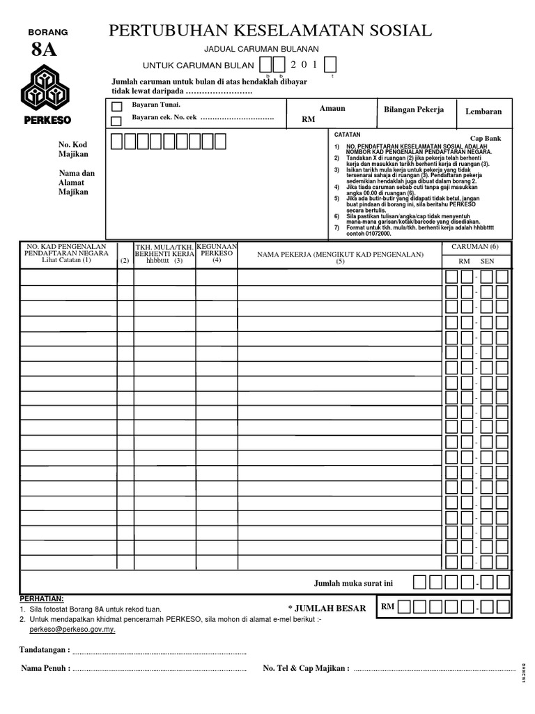 SOCSO Jadual Caruman Bulanan Borang 8A | PDF