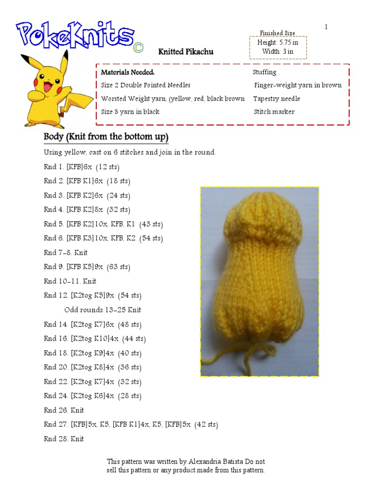 Pikachu Pattern PDF | PDF | Basic Knitted Fabrics | Knitting