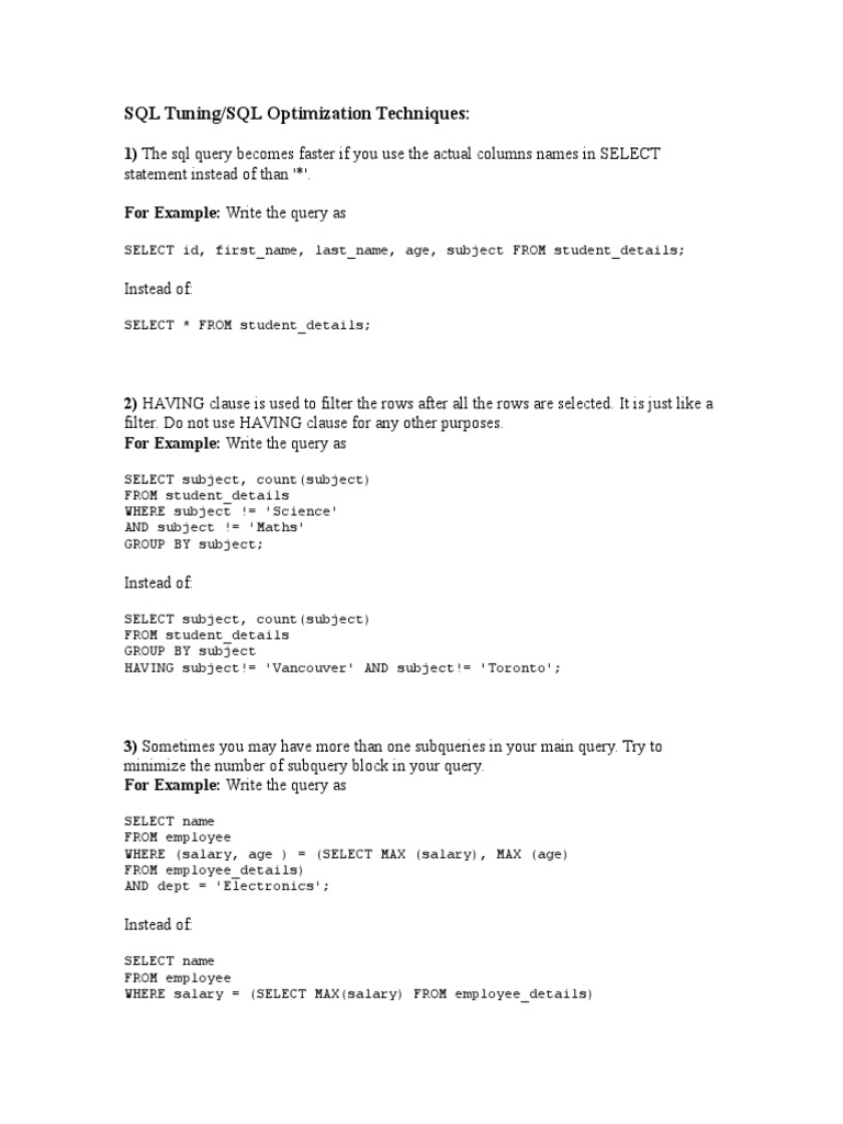 SQL Tuning/SQL Optimization Techniques:: Statement Instead of Than ...