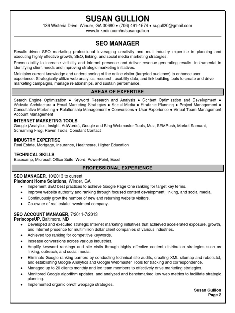Susan Gullion Resume SEO Manager | PDF | Search Engine Optimization ...