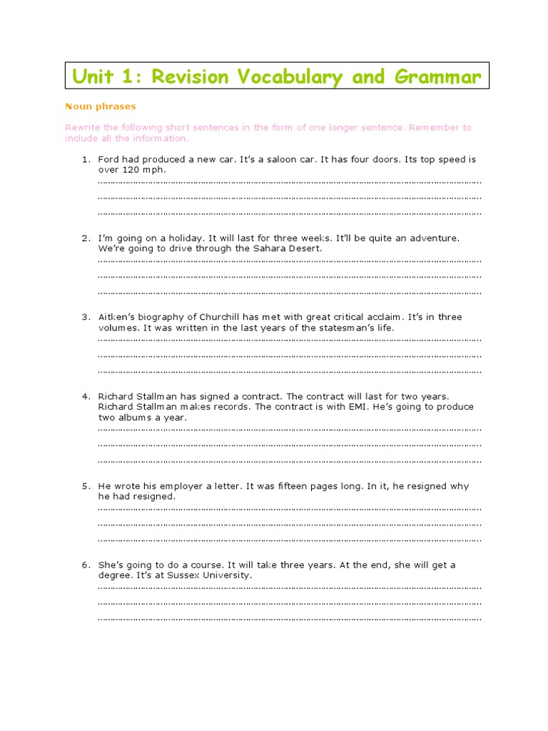 Unit 1: Revision Vocabulary and Grammar: Noun Phrases | PDF | Verb ...
