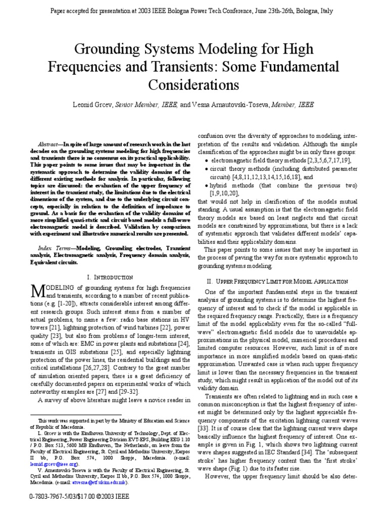 Grounding Systems Modeling For High Frequencies and Transients - Some ...