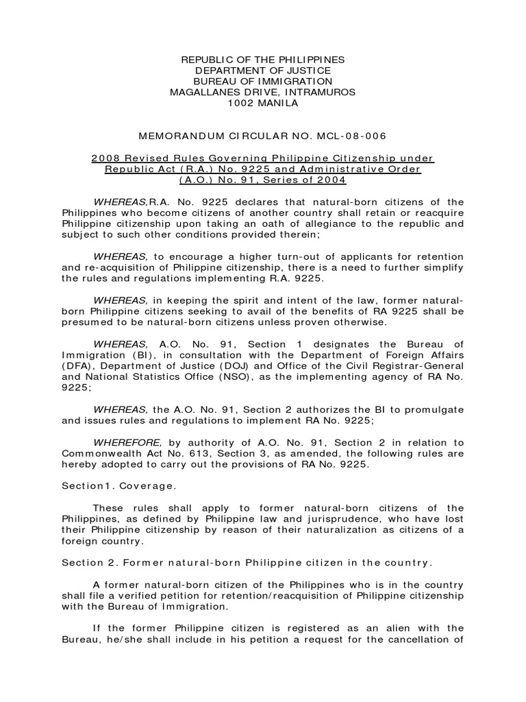 DOJ MCL 08-006-Revised Rules Governing Philippine Citizenship Under Republic Act (Ra) 9225 | PDF ...