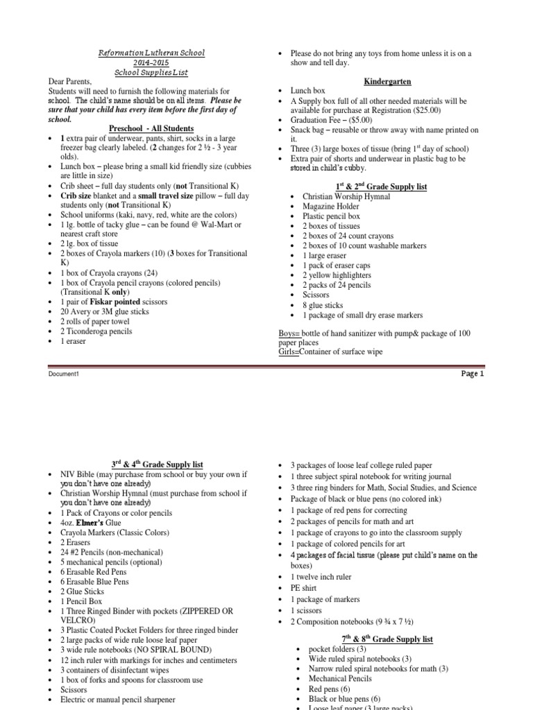 Updated Supply List | PDF | Pencil | Stationery