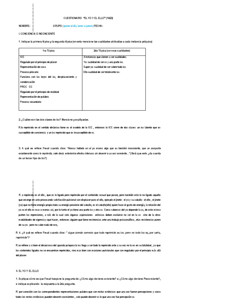 Cuestionario El Yo y El Ello 1ra Parte Siiiiii | PDF | Carné de identidad | Percepción