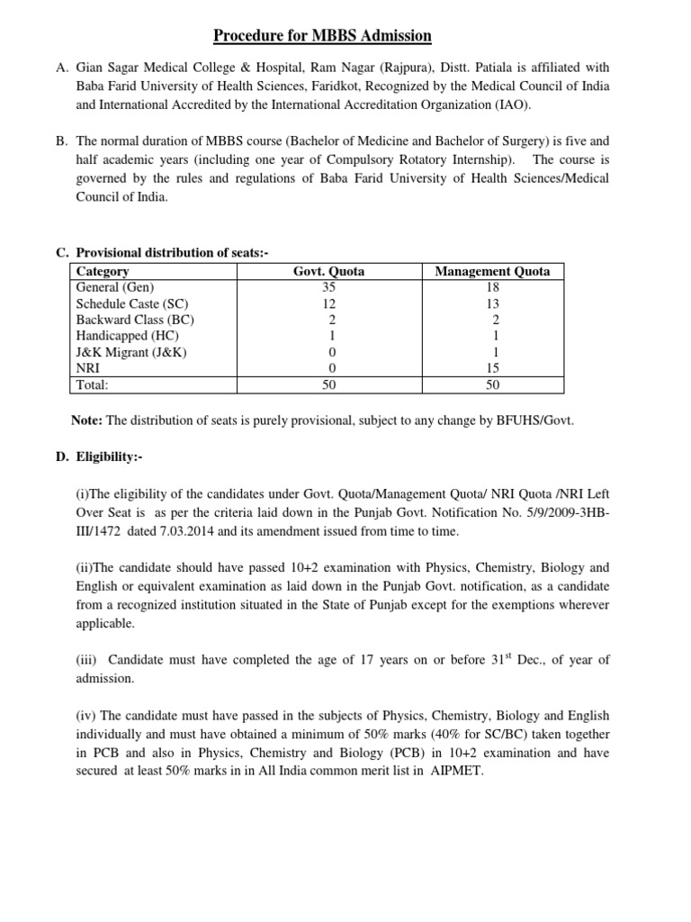 Admission Criteria For MBBS | PDF | University And College Admission | Fee