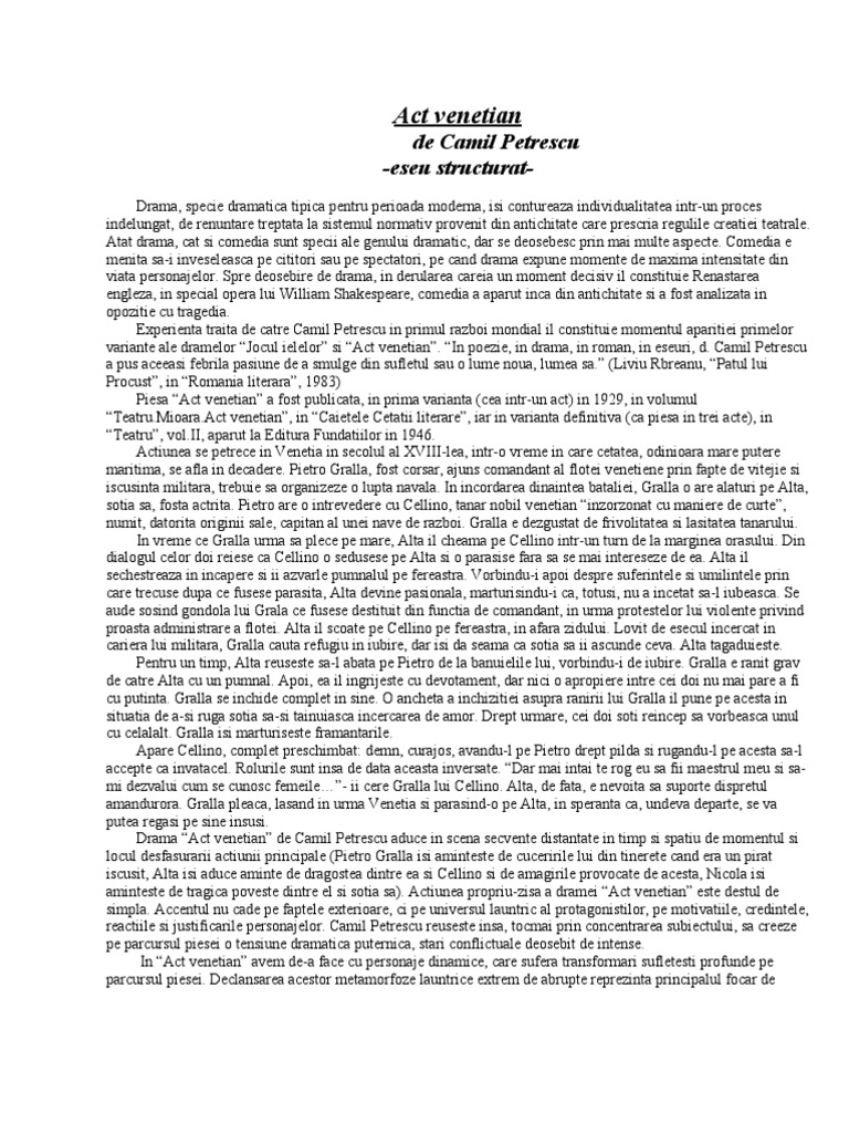 ACT VENETIAN-Camil Petrescu (Eseu Structurat | PDF