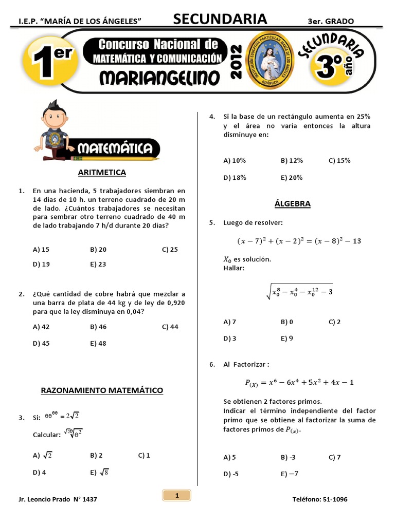 Exámenes de 3ro. de Secundaria | Circulo | Matemáticas elementales