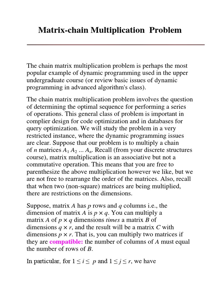 Matrix Chain Multiplication | PDF | Dynamic Programming | Matrix ...