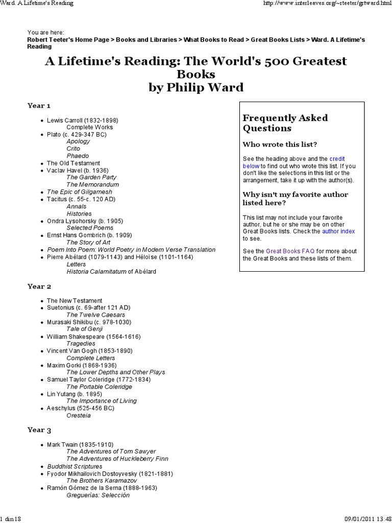 A Lifetime's Reading The World's 500 Greatest Books by Philip Ward ...