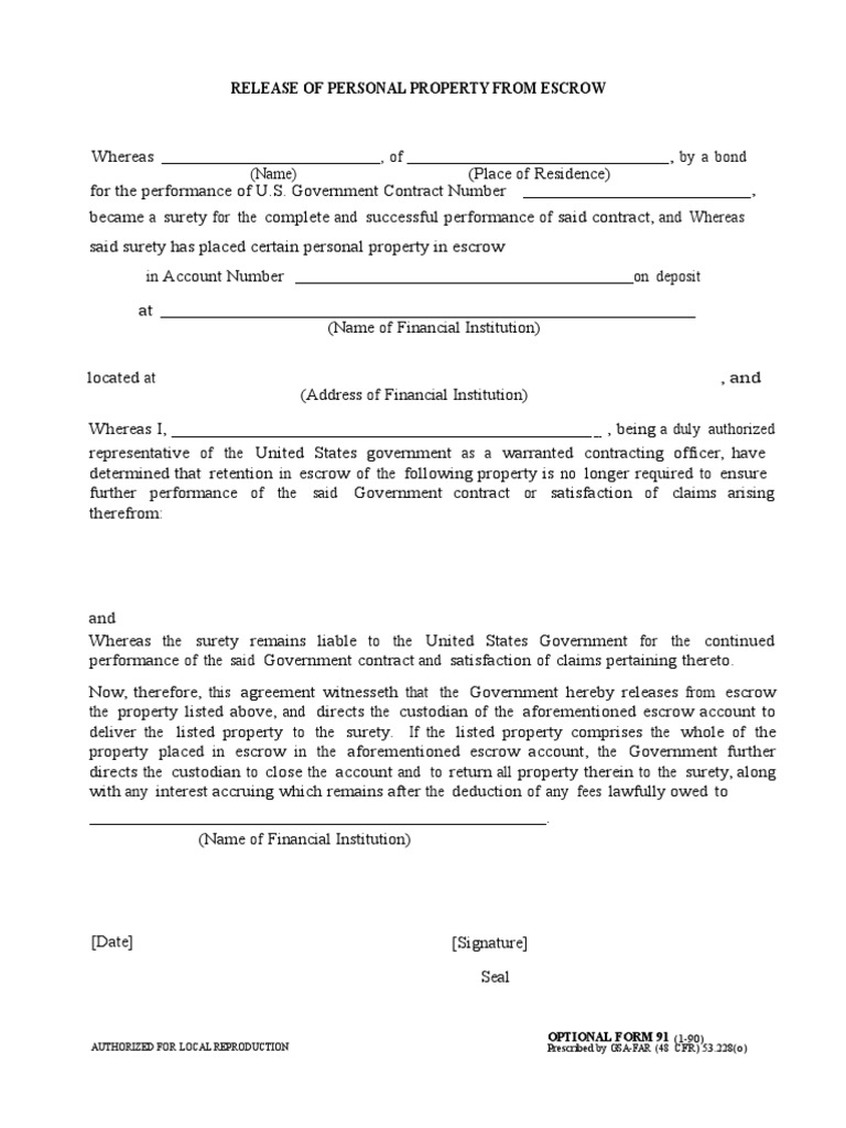 5.1b - Optional Form 91 - Release of Personal Property From | PDF