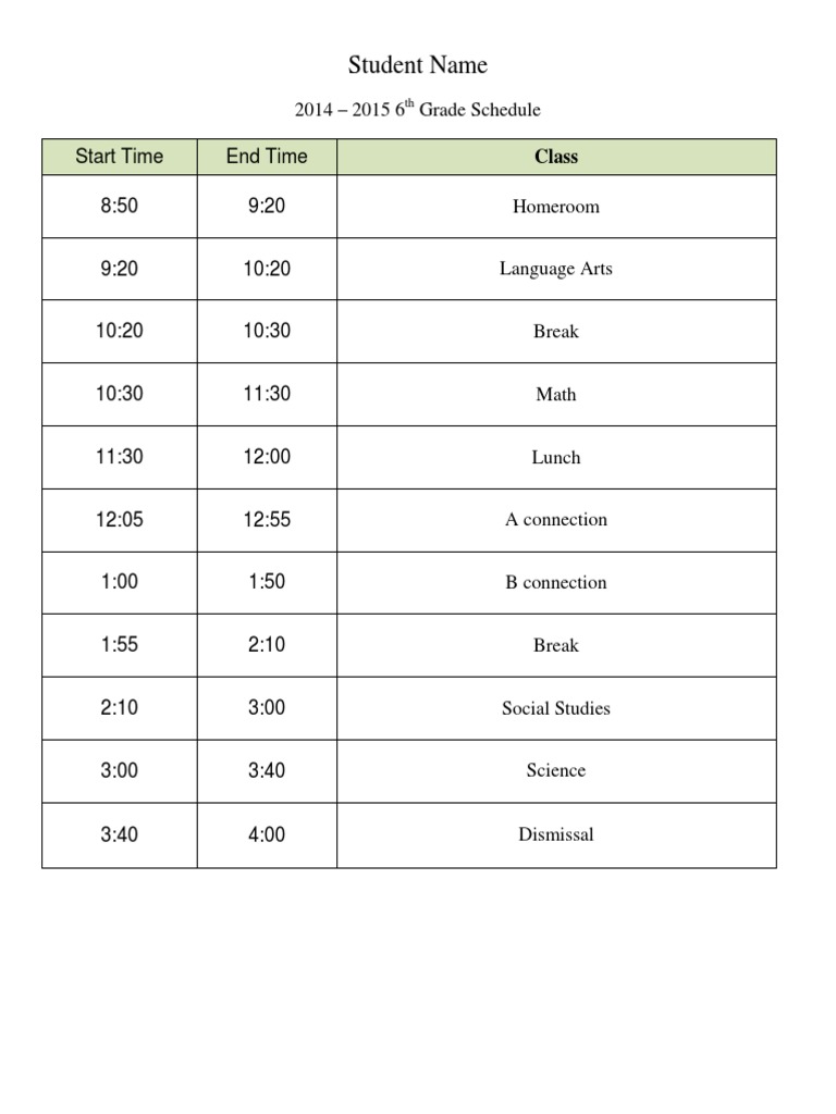 6th Grade 2014-2015 Class Schedule | PDF
