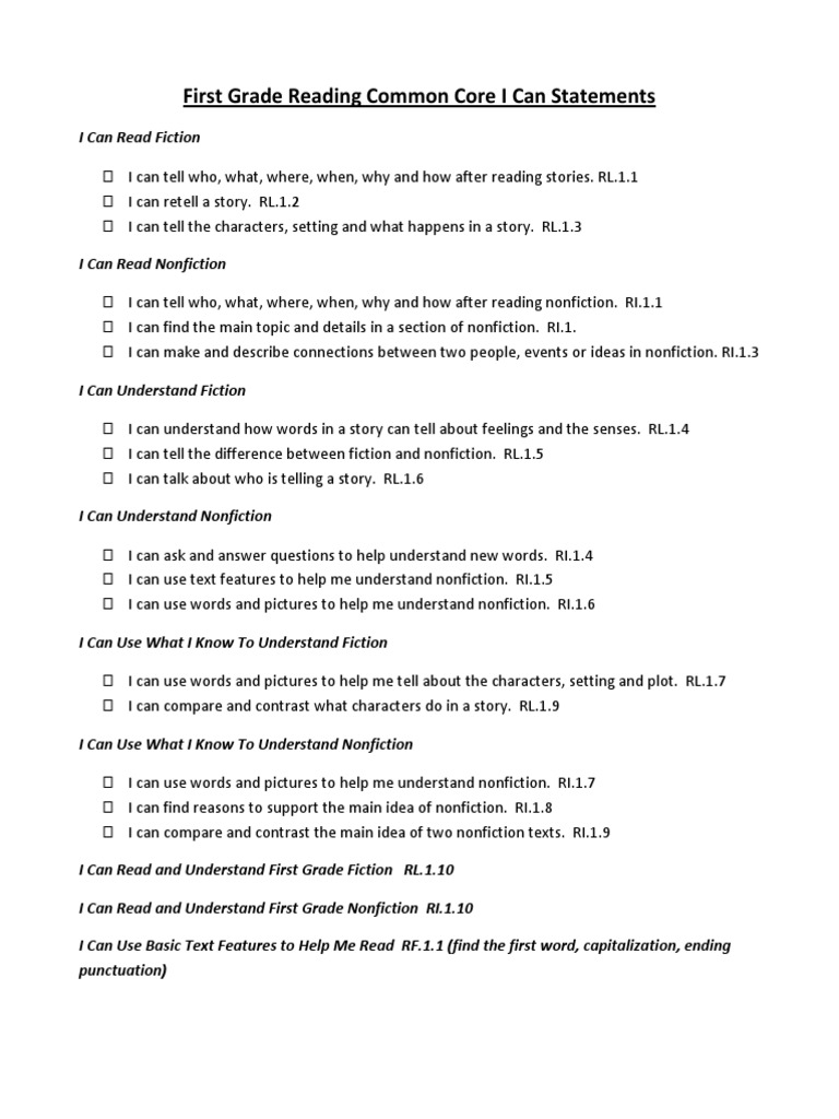 First Grade Common Core I Can Statements | PDF | Languages | Language ...