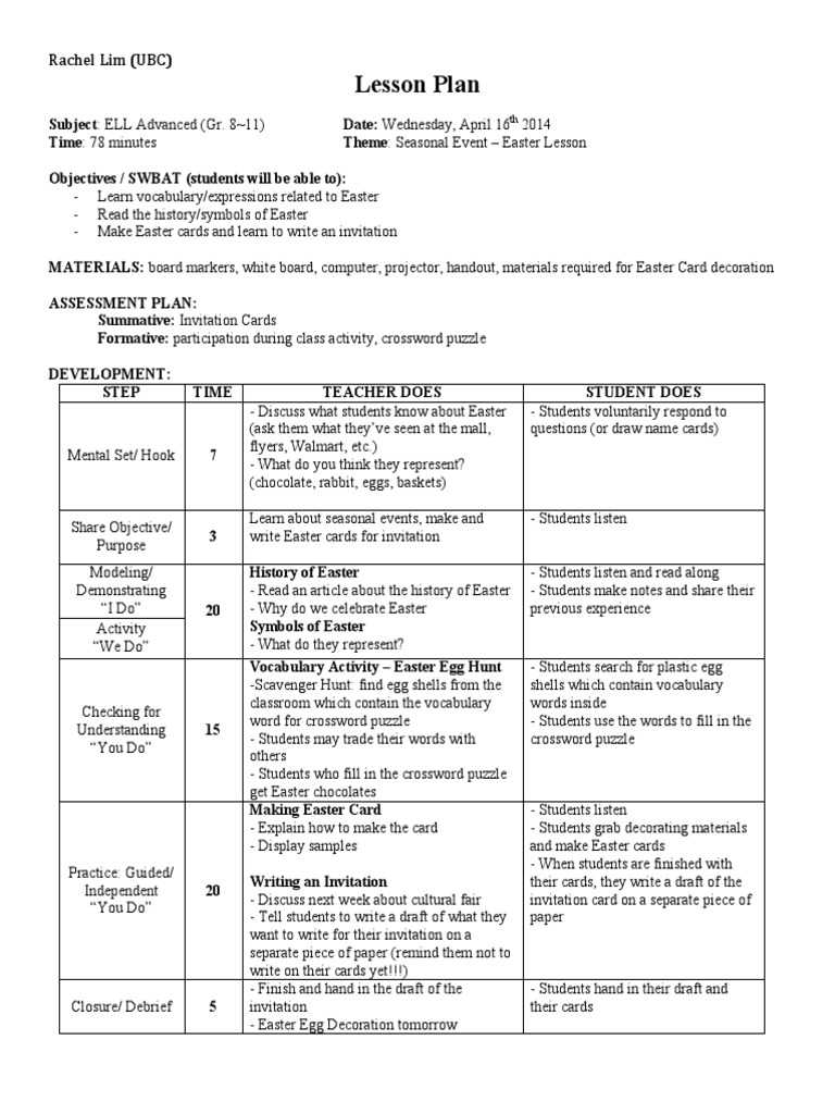 Easter Lesson Plan for ELL Students | PDF