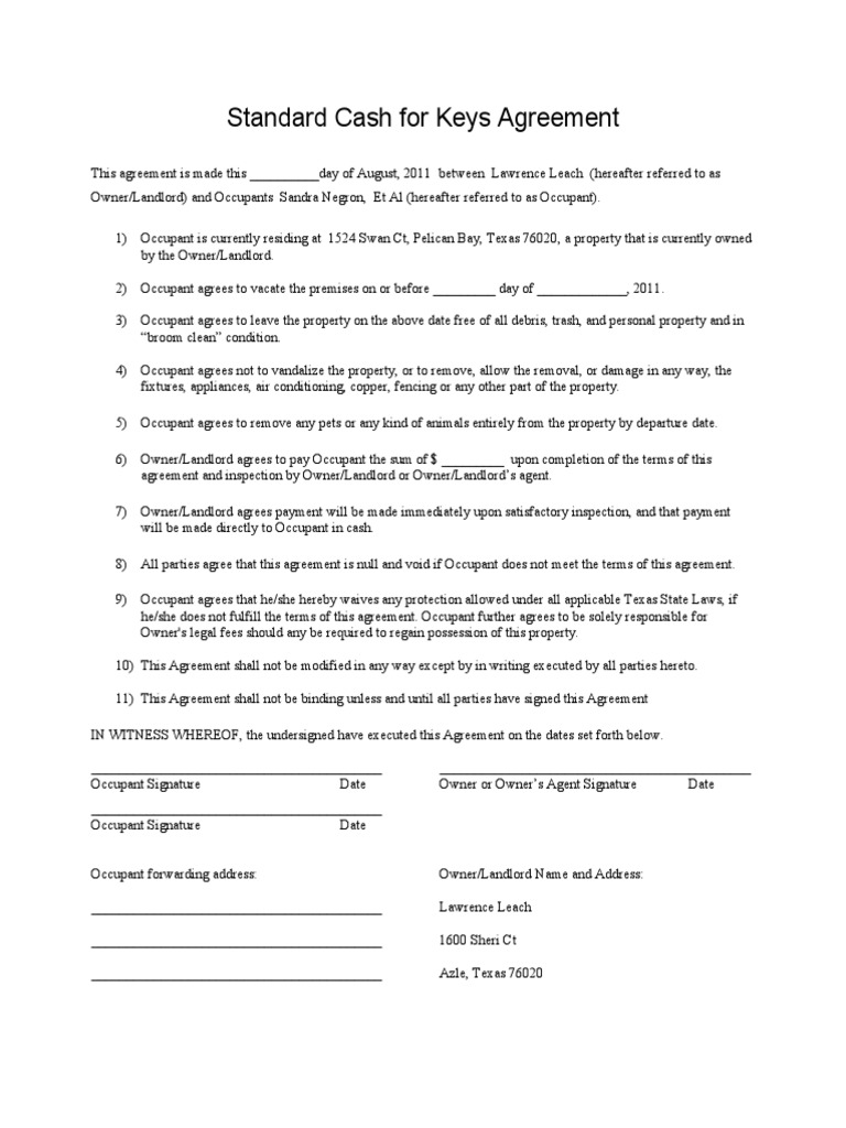 Cash For Keys Agreement | PDF | Real Estate Law | Law And Economics