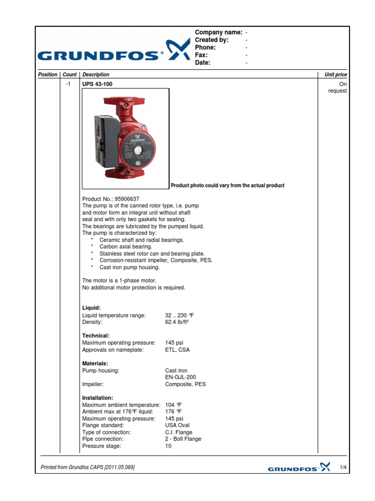 Grundfos - 43-100f Submittal Sheet | Bearing (Mechanical) | Pump
