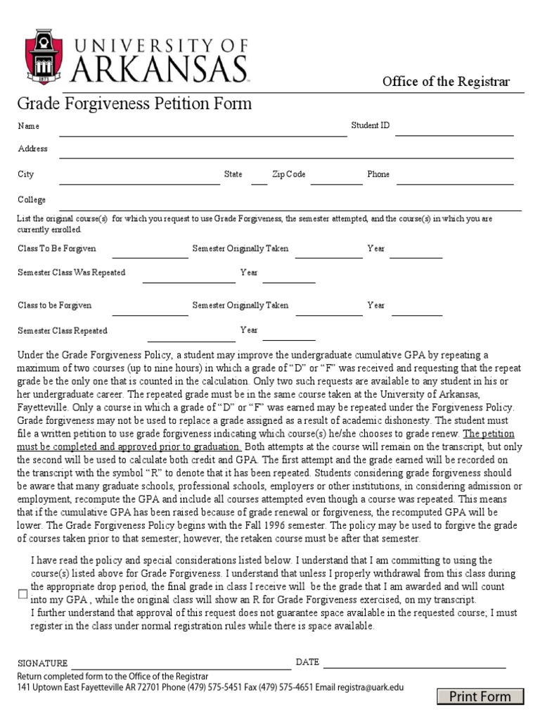 Grade Forgiveness Form for Students | PDF | Grading (Education ...