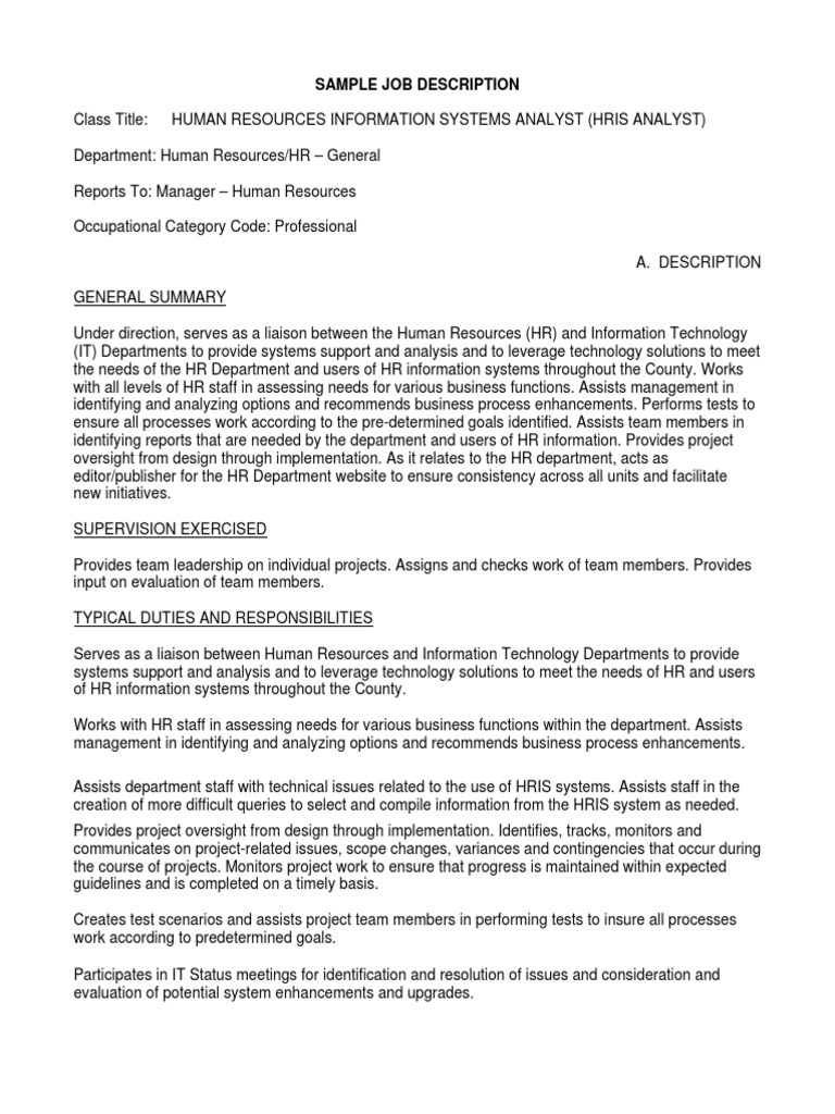 HRIS Analyst Job Description | PDF | Business | Computing