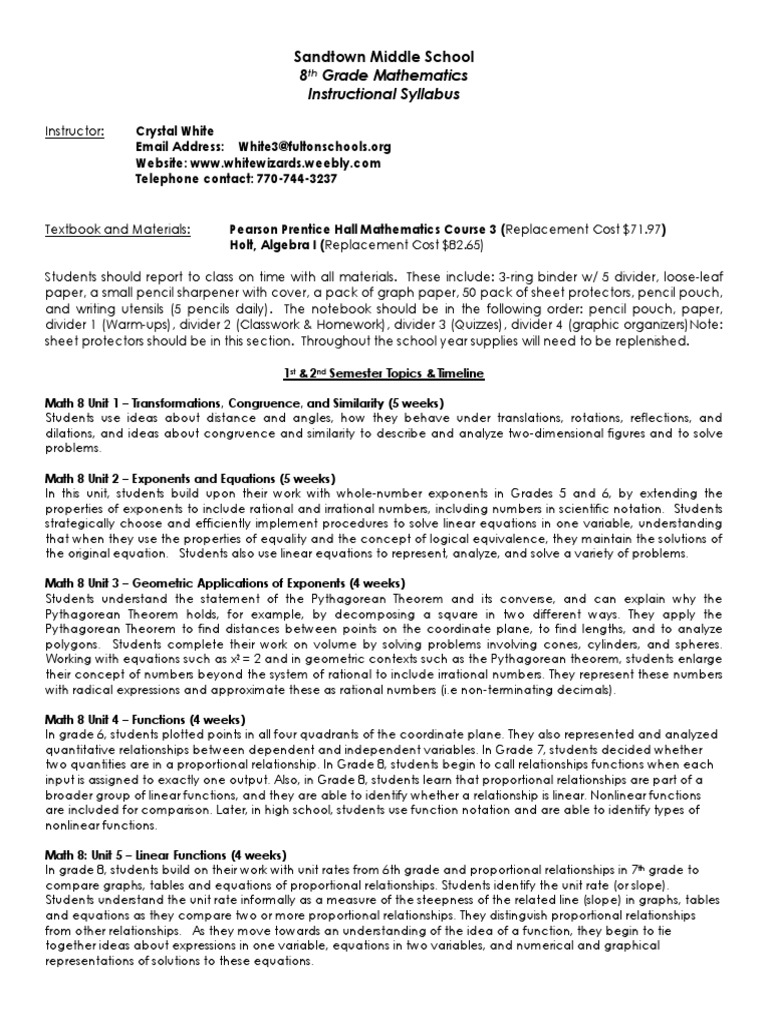 8th Grade Math Syllabus Overview | PDF | Equations | Function (Mathematics)