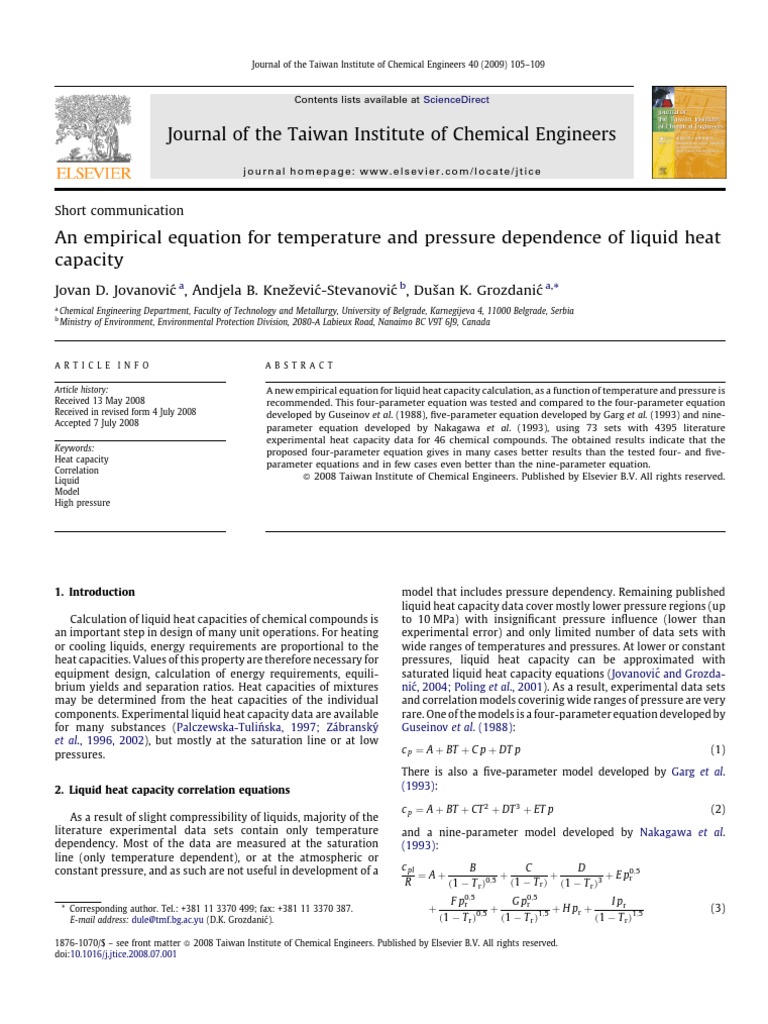 An Empirical Equation For Temperature and Pressure Dependence of Liquid ...