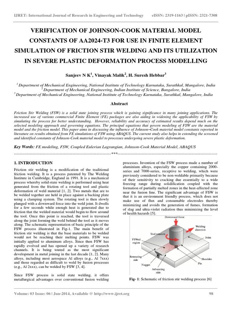 Verification of Johnson-Cook Material Model Constants of Aa2024-T3 For ...