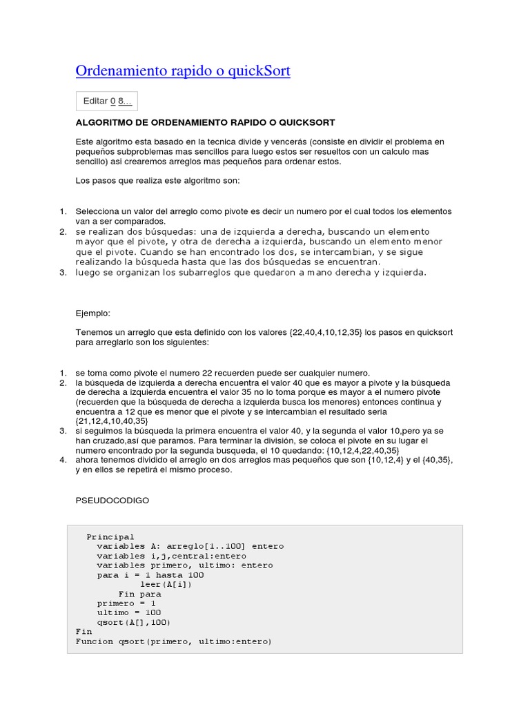 Ordenamiento Rapido O Quicksort Pdf Enseñanza De Matemática Algoritmos