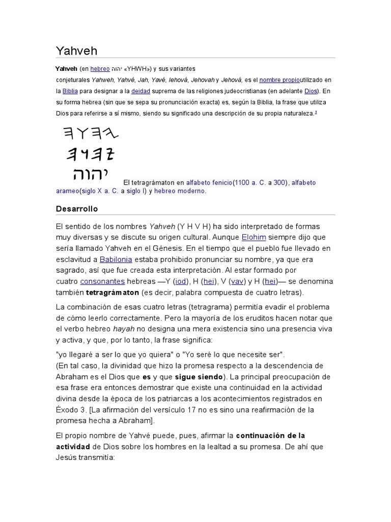 El Nombre de Dios YAHVEH-Fuente Wikipedia, Enciclopedia Libre | PDF | Tetragrammaton | Biblia hebrea