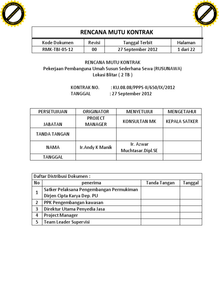 Rencana Mutu Proyek RUSUNAWA | PDF