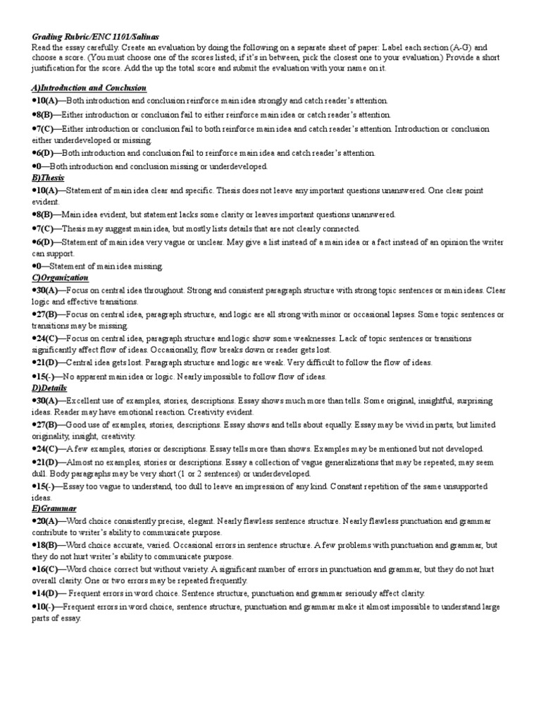 ENC 1101 Grading Rubric Overview | PDF | Paragraph | Essays