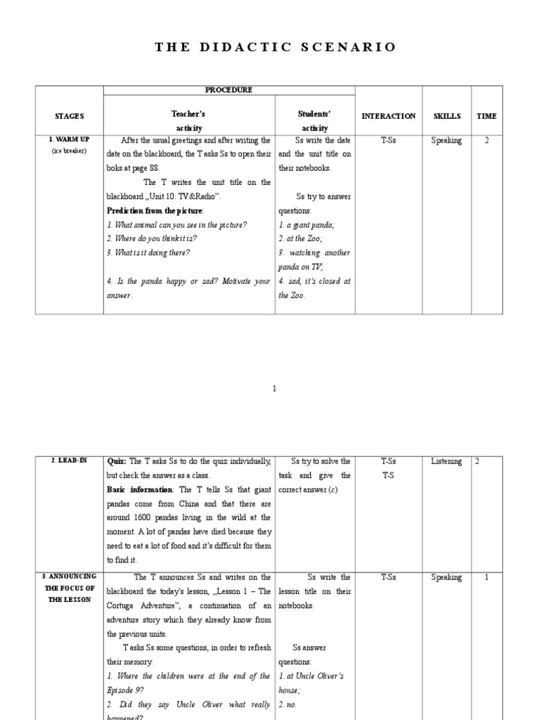 The Didactic Scenario: Teacher's Activity Students' Activity | PDF