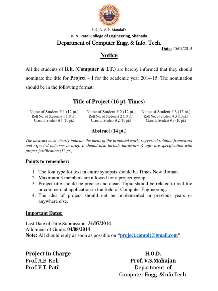 Project Title Nomination Notice 2014-15 | PDF | Art | Computers