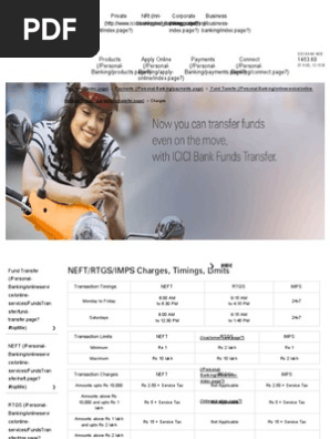 NEFT RTGS IMPS Transaction Timings Limits and Charges ICICI Bank PDF Credit Card Banking