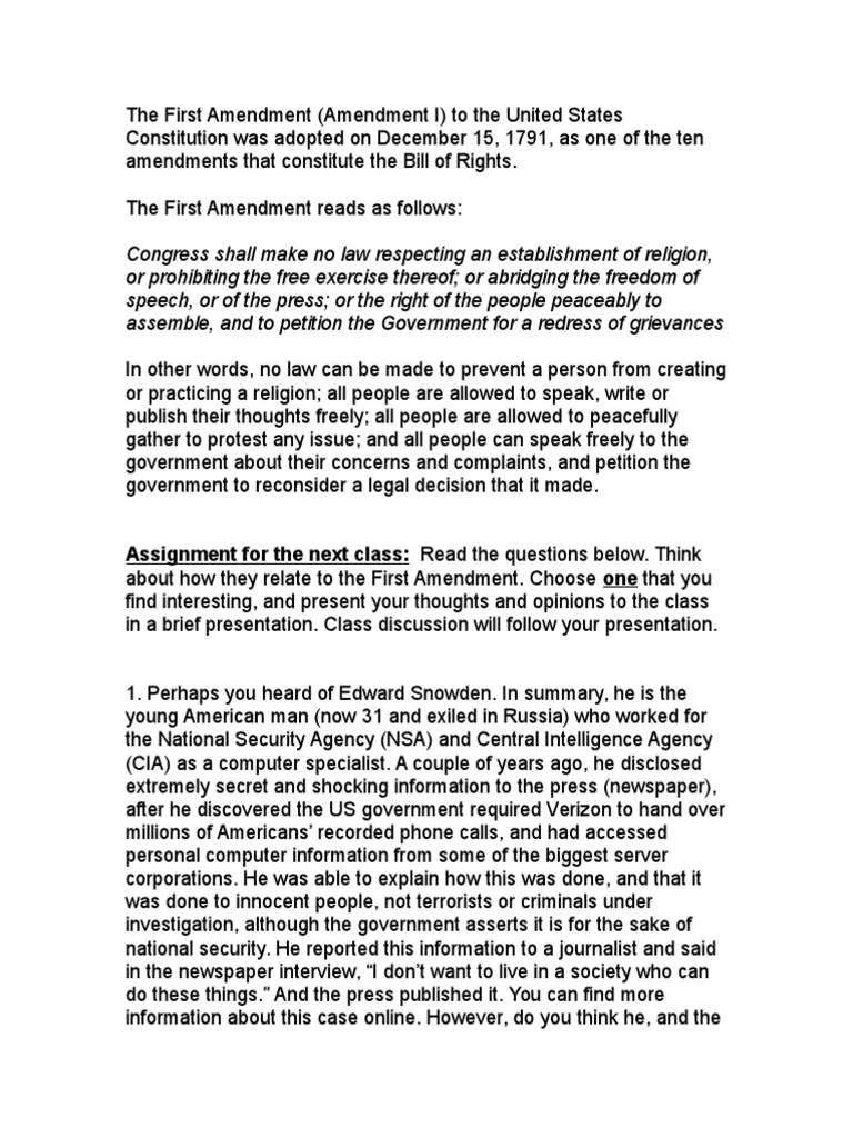First Amendment Assignment | PDF | First Amendment To The United States ...