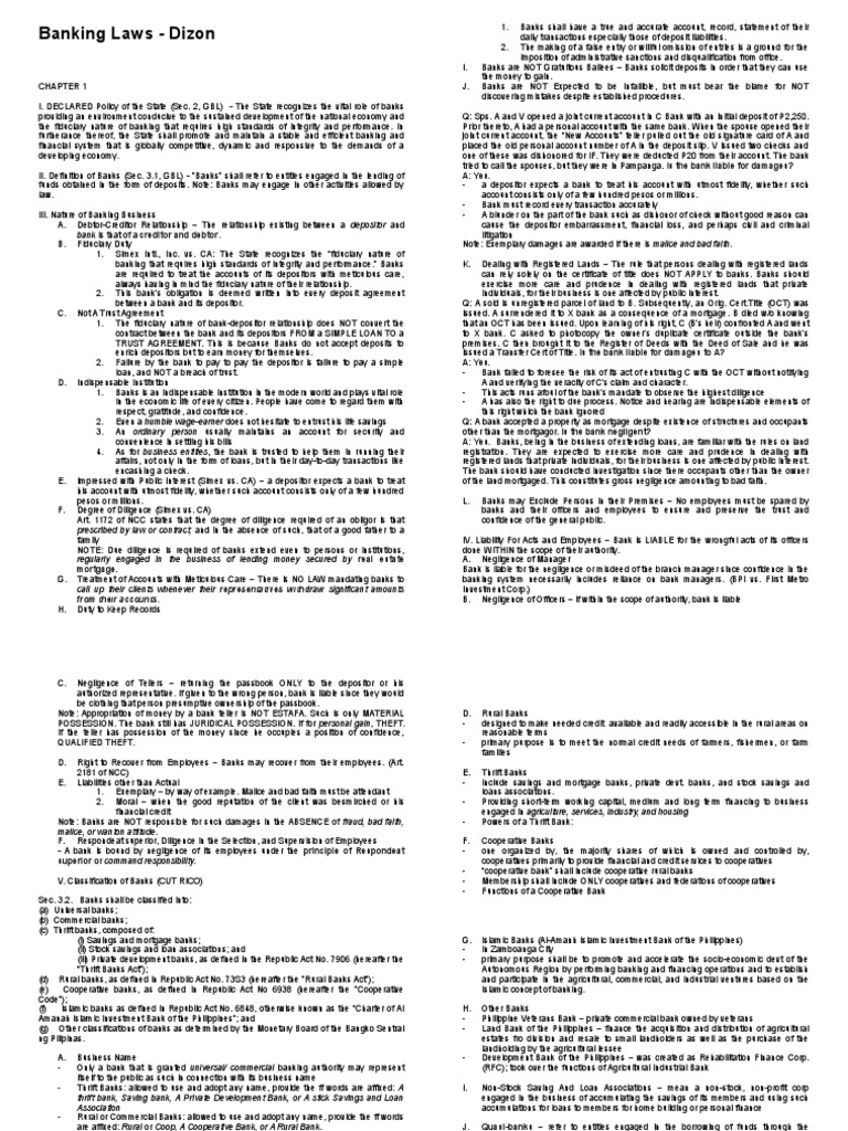 Banking Laws Dizon Chapter 1 Pdf Business
