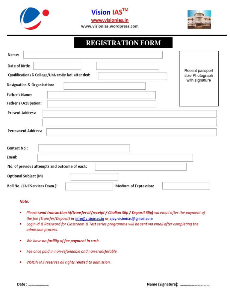 Registration Form With Fee Strcture Vision-Ias | PDF | Fee | Classroom