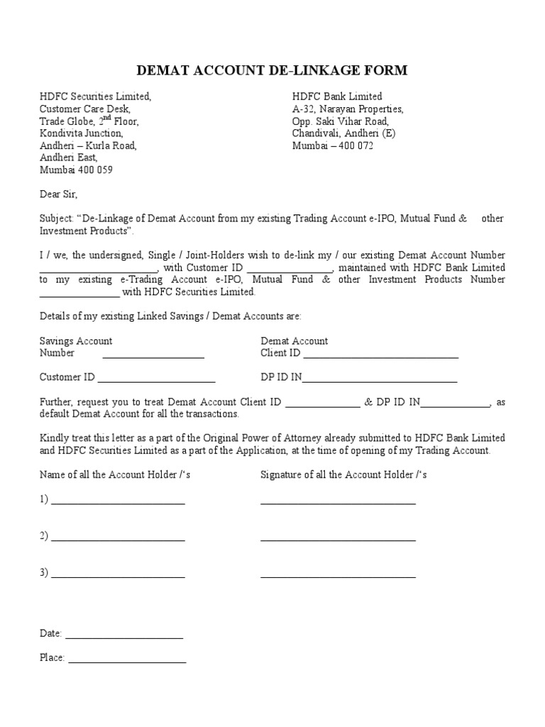 Demat Account De-Linkage Form | PDF | Career & Growth | Business