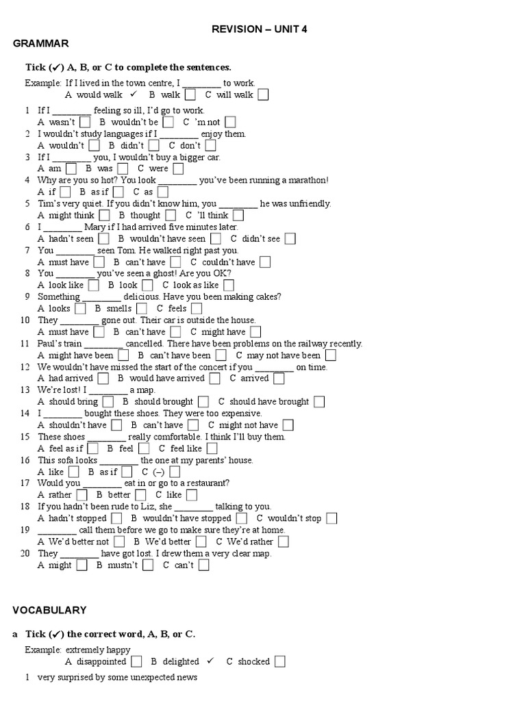 Revision - Unit 4 Grammar Tick ( ) A, B, or C To Complete The Sentences ...