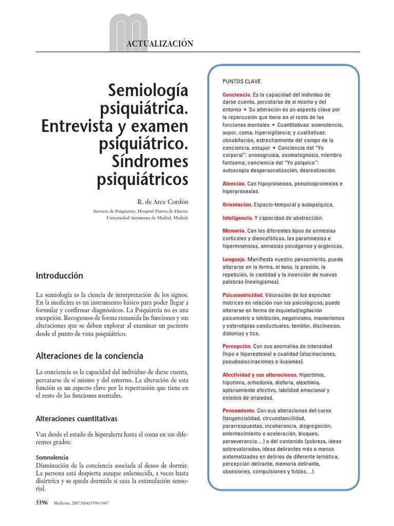 Semiologia Psiquiatrica. Entrevista y Examen Psiquiatrico. Sindromes Psiquiatricos | PDF ...