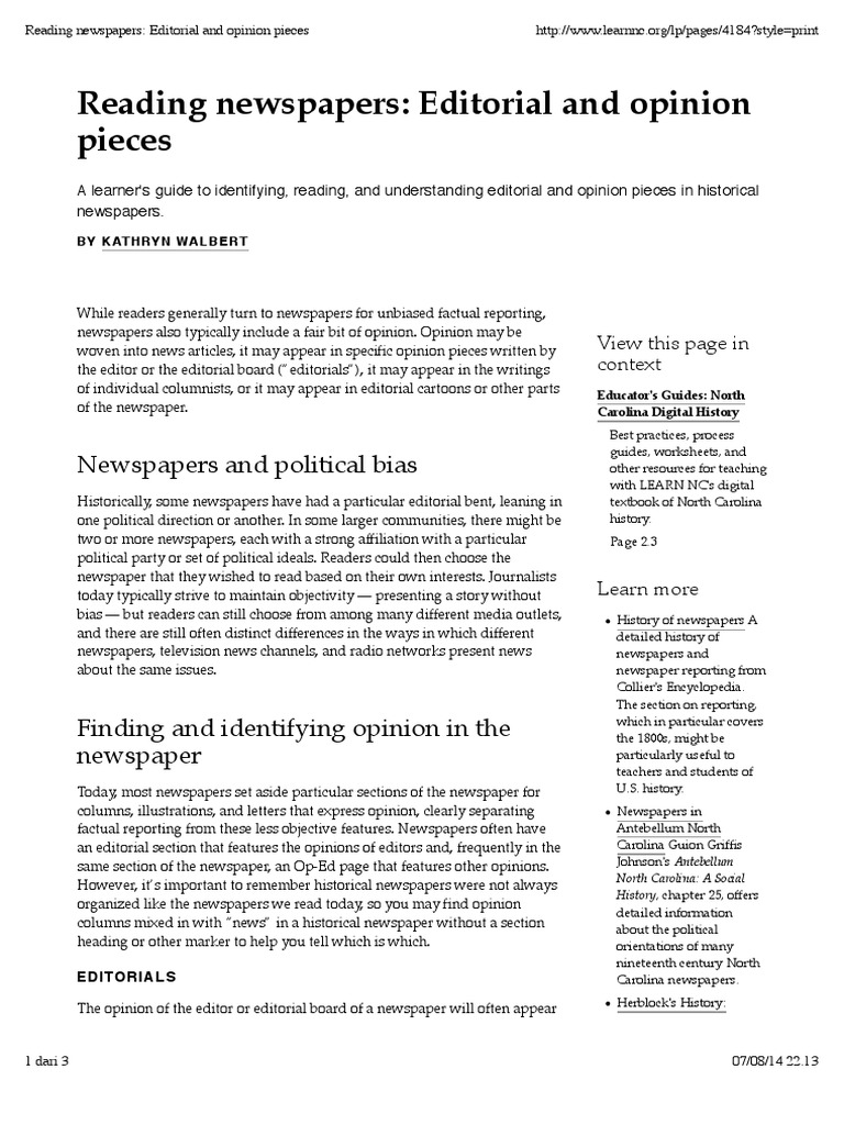 Reading Newspapers: Editorial and Opinion Pieces PDF | PDF | Newspapers ...