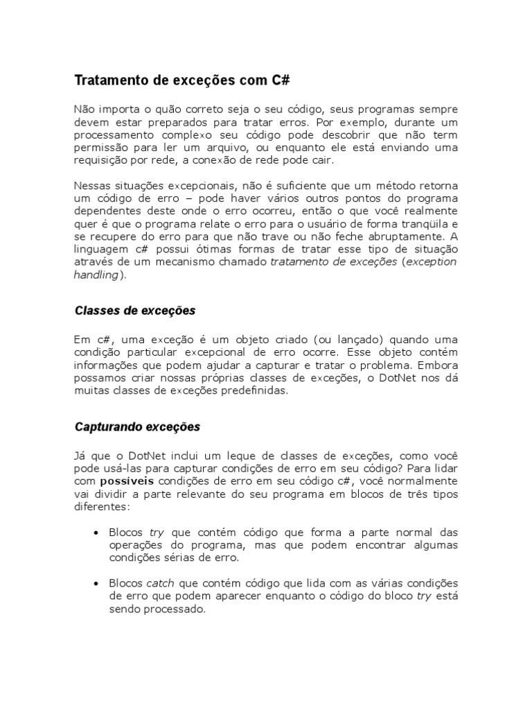 Tratamento de Excessões Com C# | PDF | C Sharp (linguagem de ...