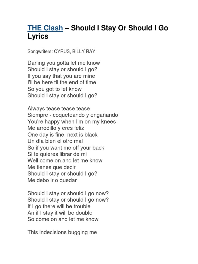 The Clash - Should I Stay or Should I Go Lyrics | PDF